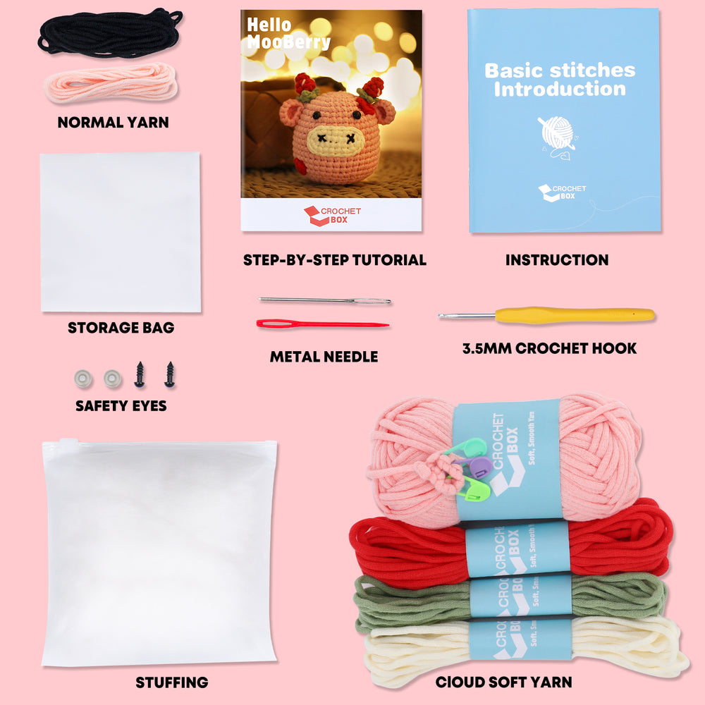CROCHET BOX Complete Crochet Kit for Beginners—— Milk pink cow